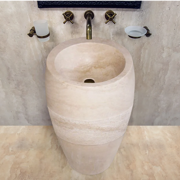 Troia Light Travertine Pedestal Stand-alone Sink Curved Honed (D)16 ...